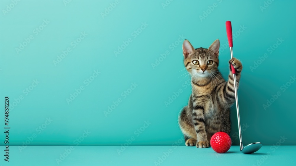 Tabby cat stands next to golf club and ball with blue background ...