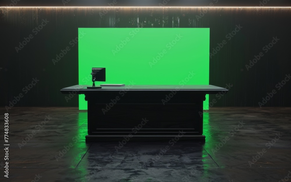 Broadcaster table with green screen background and black floor white ...