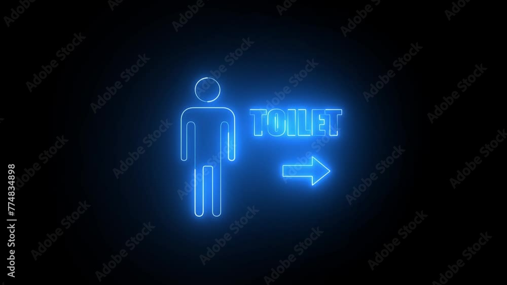 Neon glowing line toilet sign animation on the black background. On the ...
