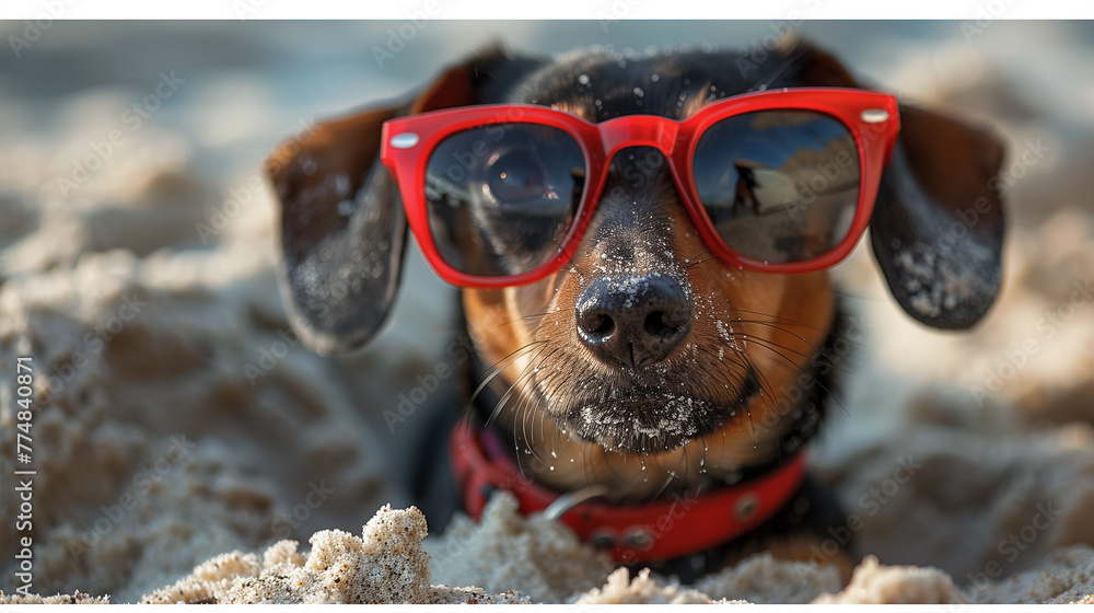 beautiful dog of dachshund, black and tan, buried in the sand at the ...