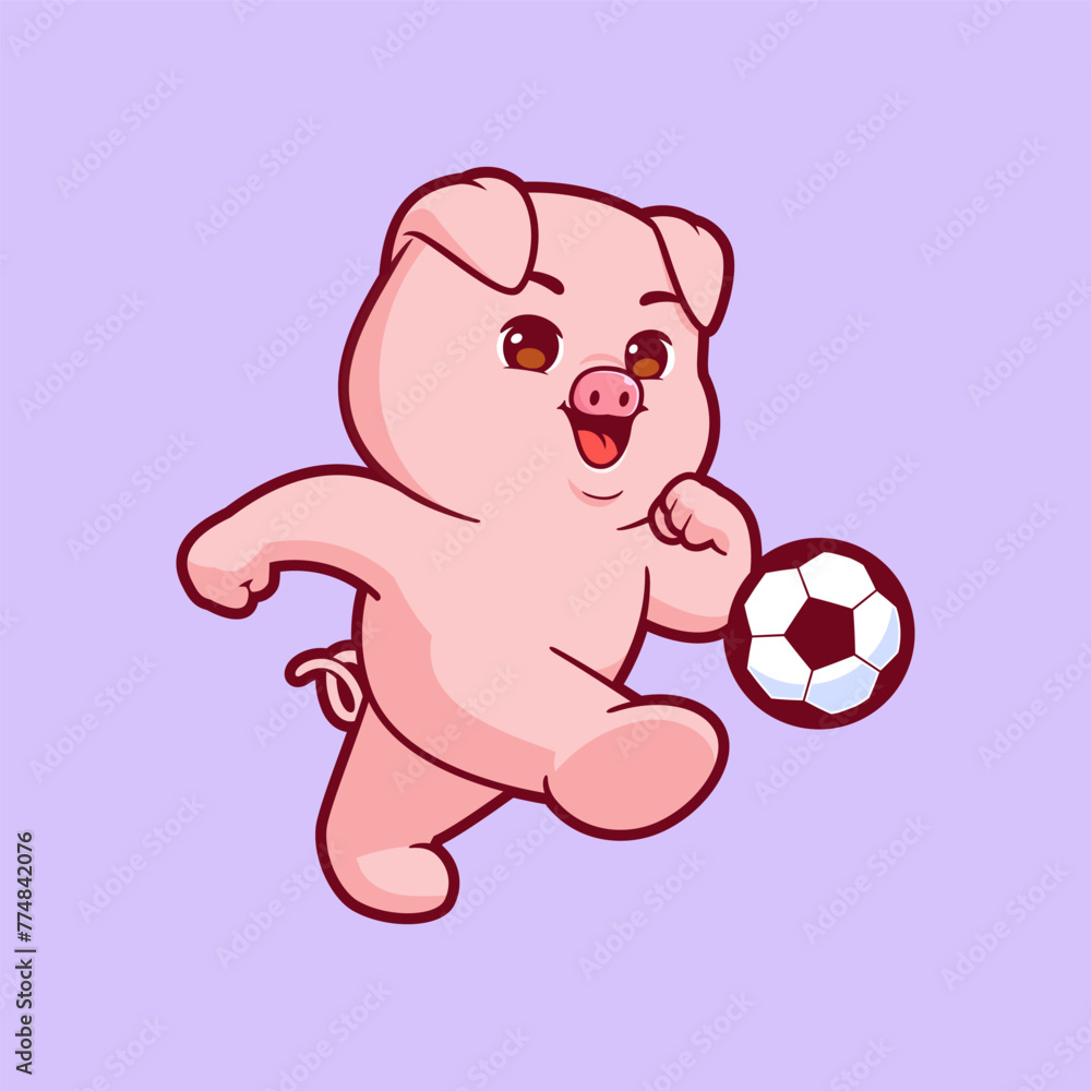 Cute pig playing soccer cartoon vector icon illustration. Flat style ...