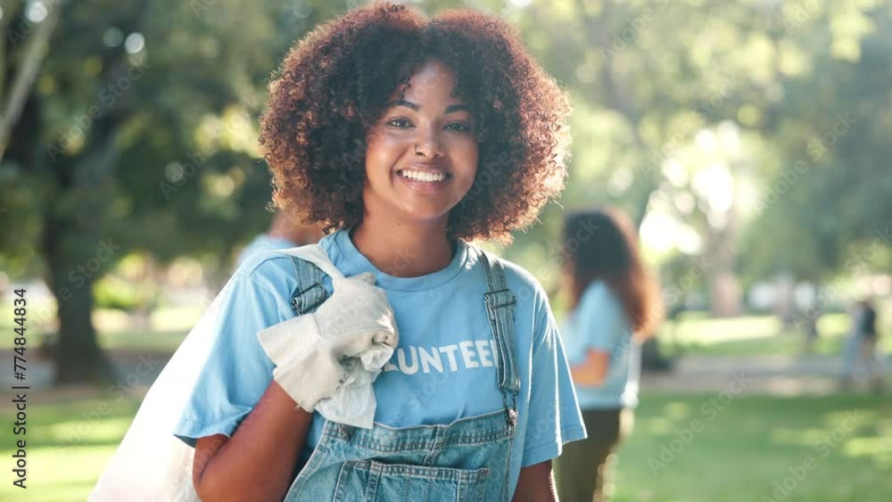 Trash bag, face and black woman for volunteer work, recycling or ...