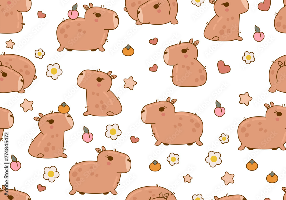 Seamless pattern with cute and funny capybara characters. Cute capybara ...