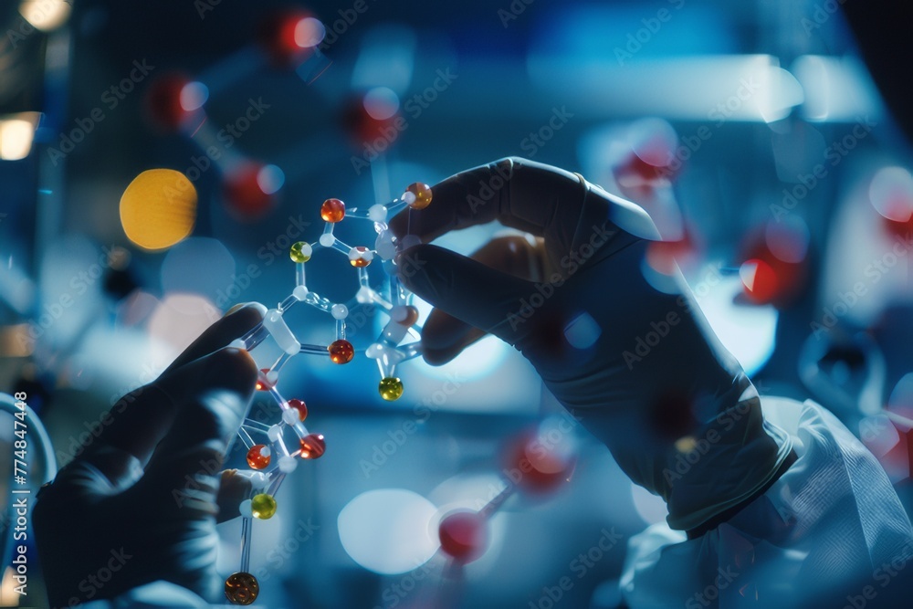 Image showing the hands of a scientist conducting a drug synthesis ...