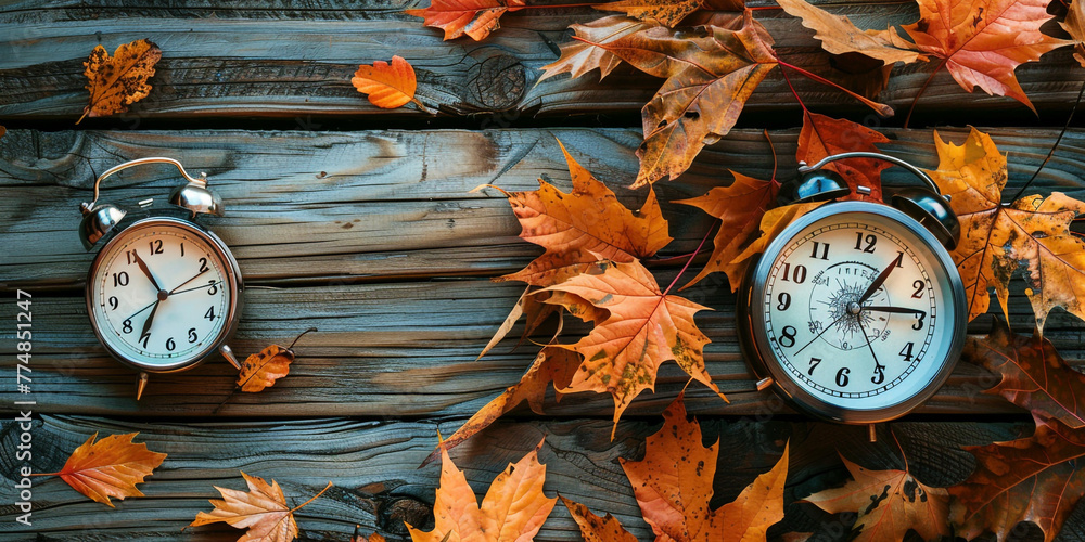 old clock on autumn leaves, A alarm clock displaying the time, with ...