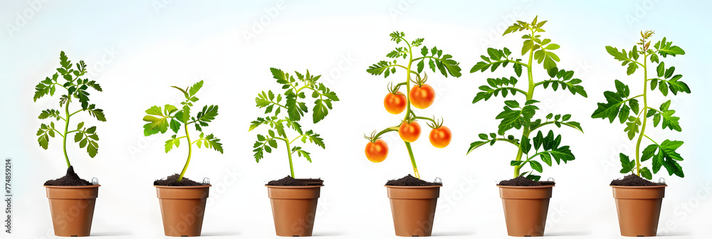 Gradual growth of tomatoes. Life cycle of a tomato plant, leaf, flower ...