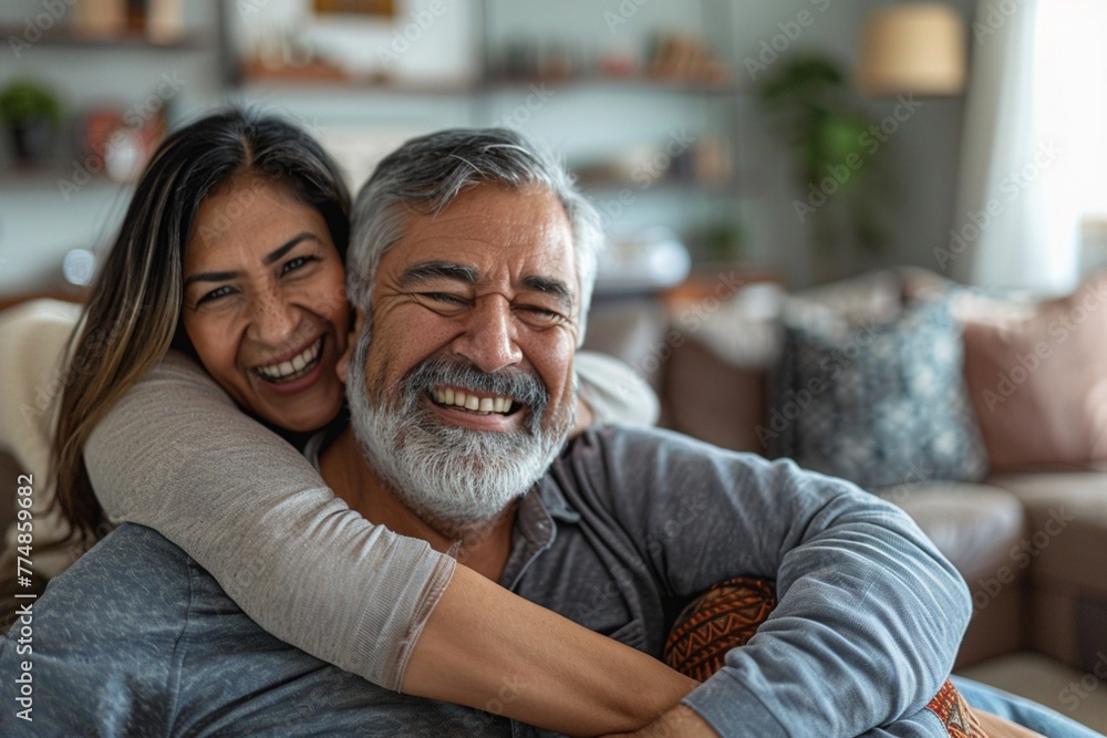 Smiling Ethnic Woman Hugging Her Husband On The Couch From Behind In The Living Room Middle