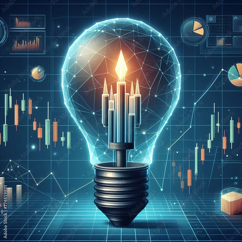 A piece of digital art that portrays a vibrant lightbulb filled with ...