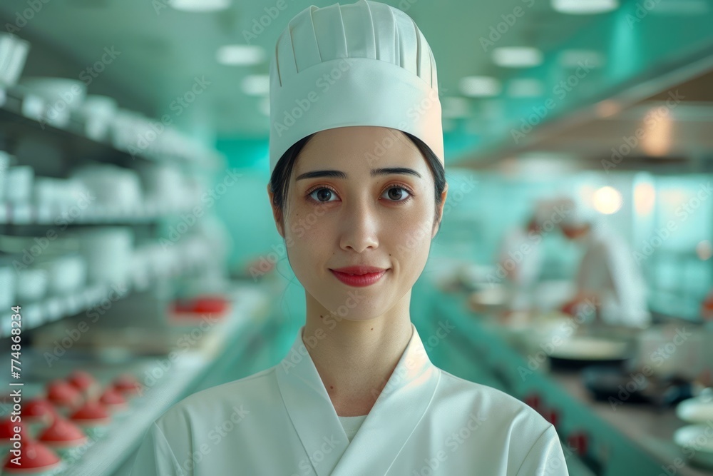 Professional Female Chef Posing Confidently in Commercial Kitchen with ...