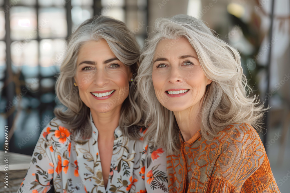 two beautiful middle aged woman wearing identical fashion clothes ...