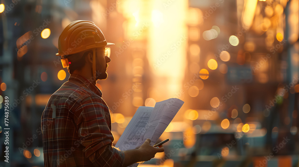 Construction site workers in safety gear, industrial cranes Vibrant ...