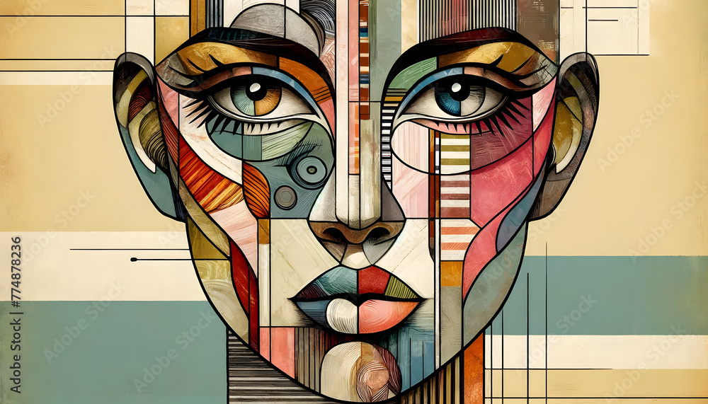 An abstract portrait in a contemporary collage style. The artwork is ...