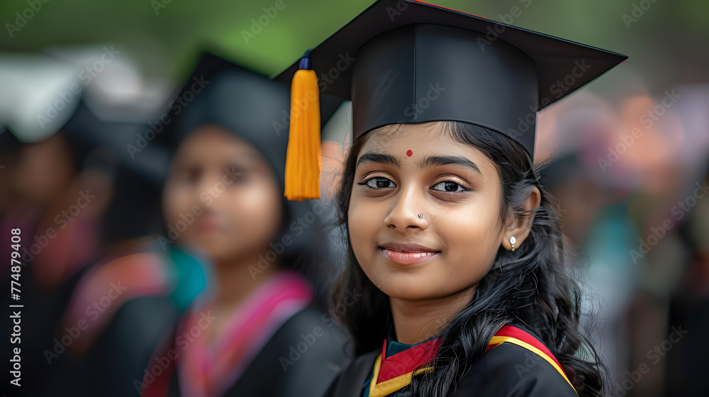Hindu student girl in a black graduation gown and cap with other ...