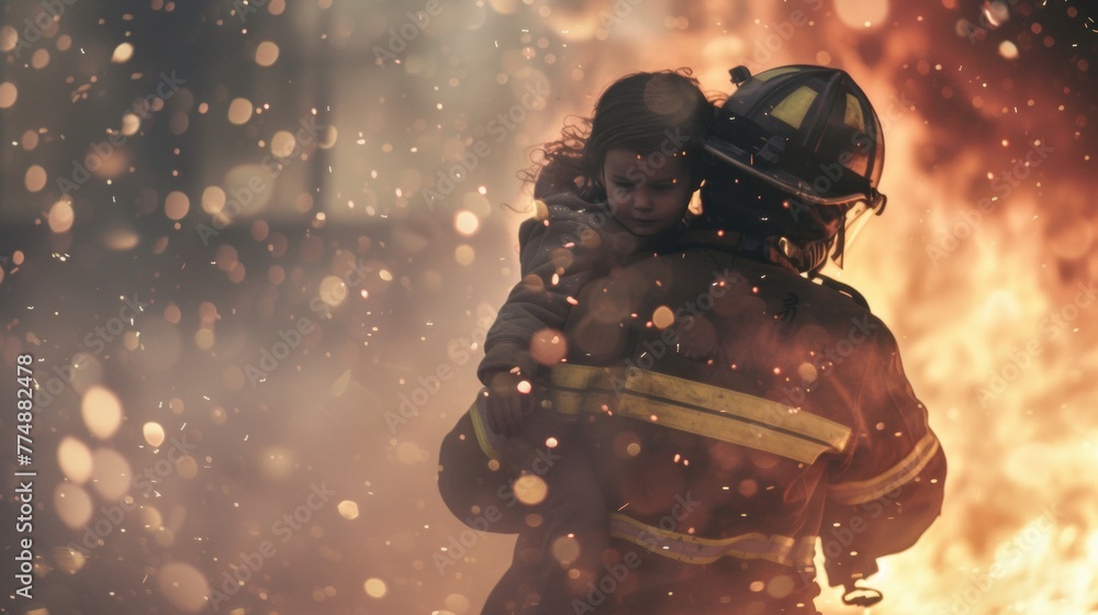 Firefighter rescue a little child from burning fire building Stock ...