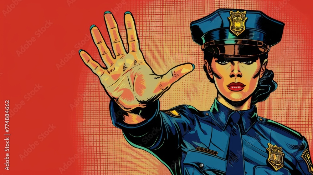Vector illustration of female police officer with hand gesture. Comic ...