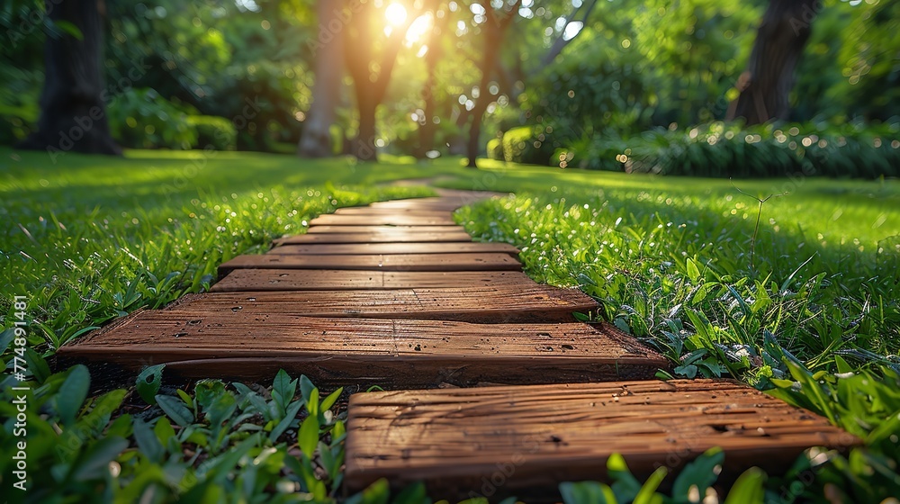 Among those the verdant meadow grass, a wooden garden plank path is ...