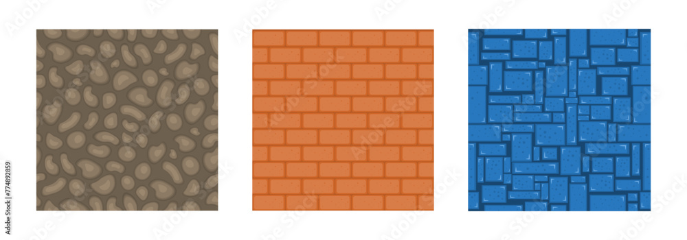 Flat set ground game patterns set, stone textures collection. Design ...