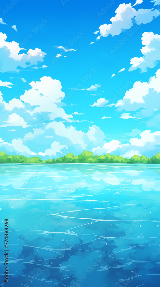Cartoon lake scenery illustration under blue sky Stock Illustration ...