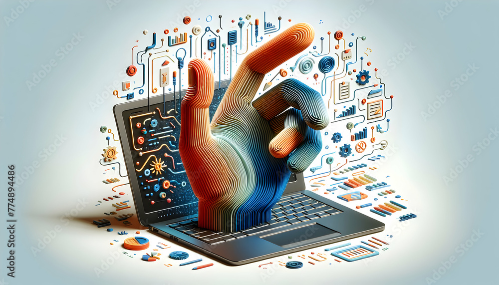 3d flat icon as Creative Command Hand on laptop with abstract command ...