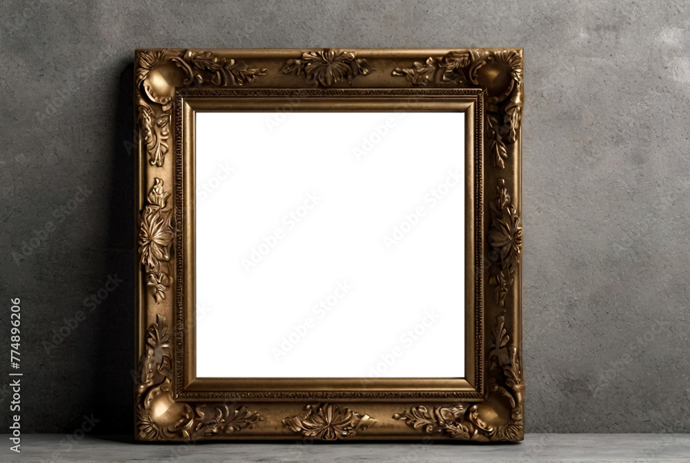 Empty boho style photo frame on concrete background. Isolated white ...