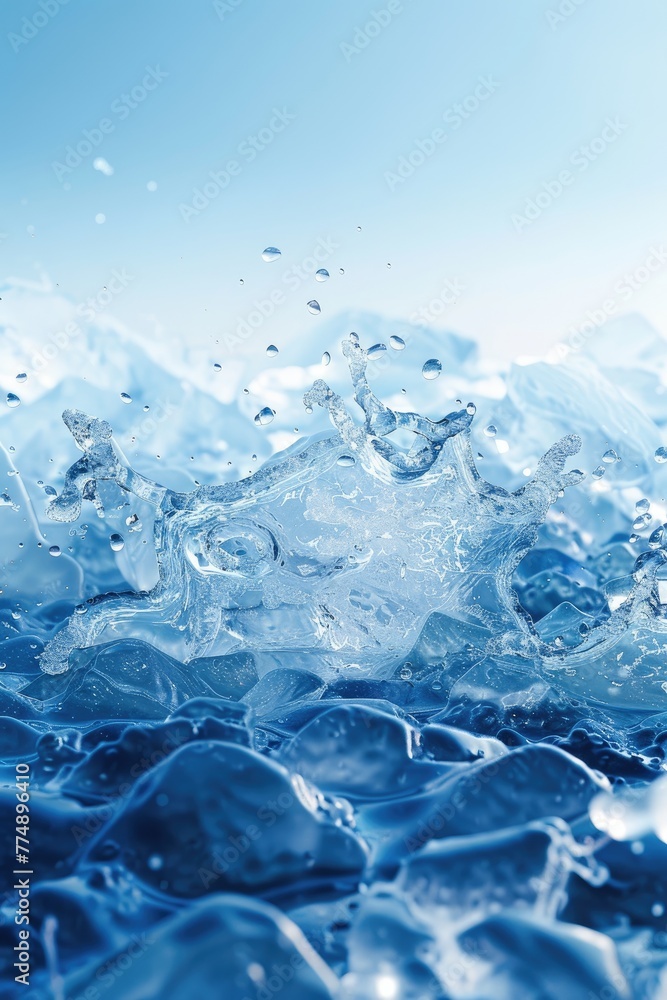 A blue ice background, with the foreground of an icy water splash in ...
