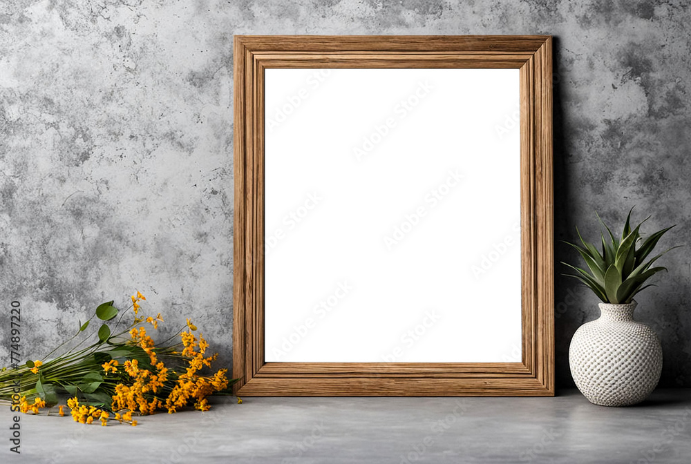 Empty boho style photo frame on concrete background. Isolated white ...