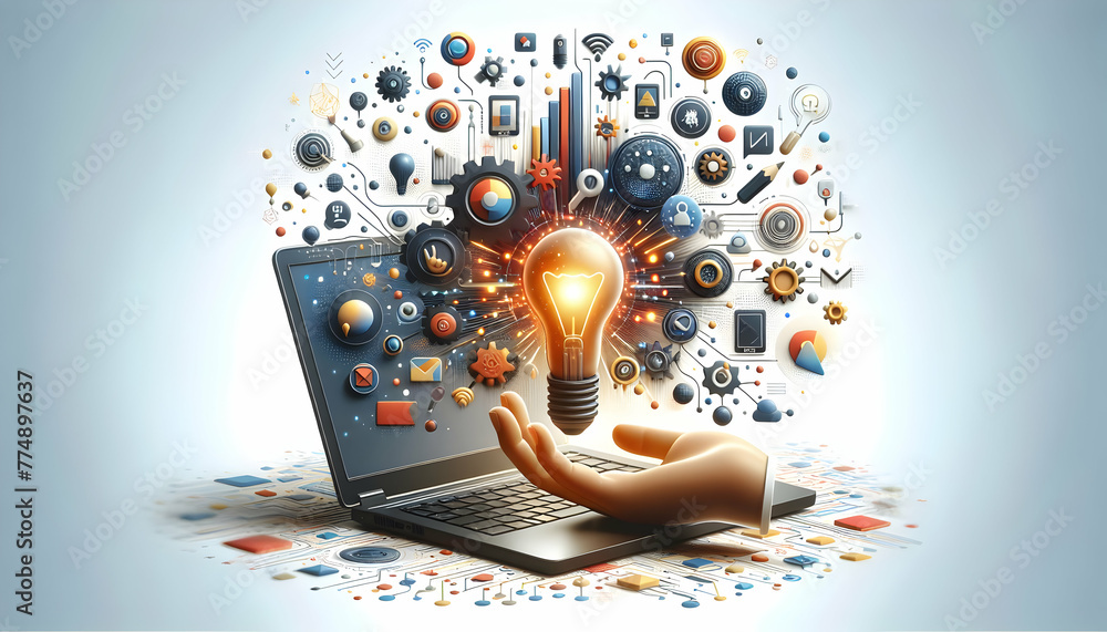 3d flat icon as Tech Savvy Touch A hand with a laptop surrounded by ... 3d flat icon as Tech Savvy Touch A hand with a laptop surrounded by ...