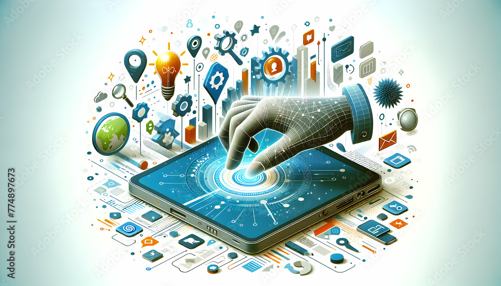 3d flat icon as Tech Touchpoints Hand touching key tech touchpoints on ...