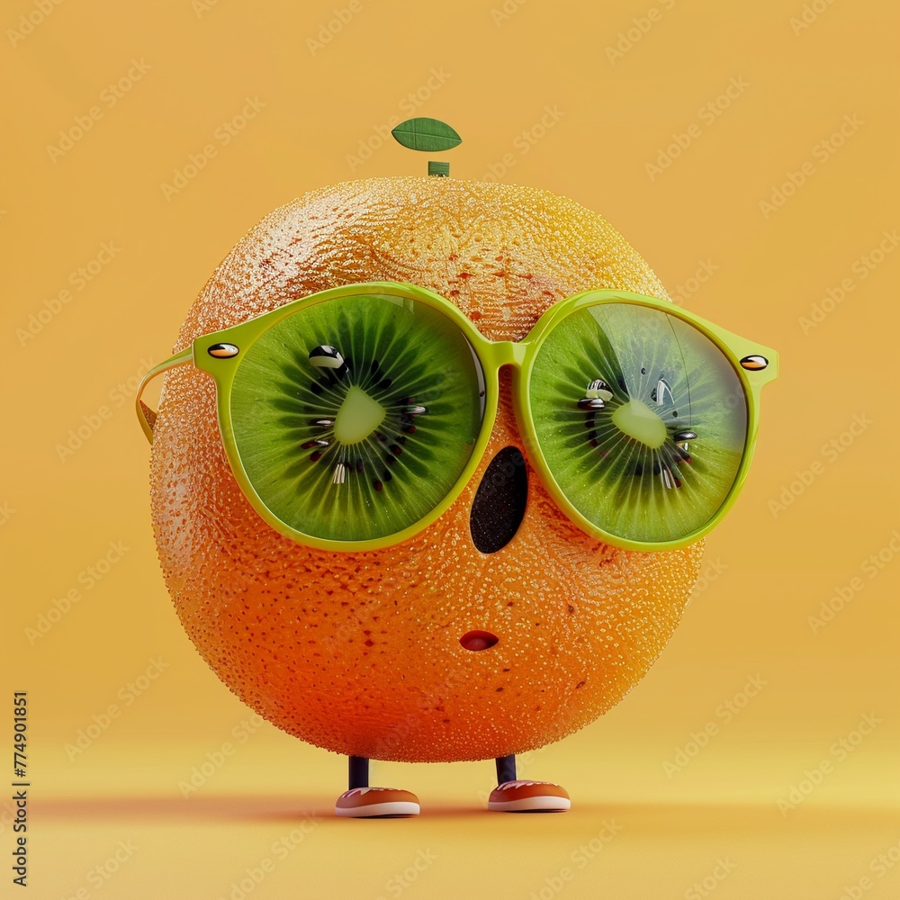 Kooky kiwifruit wearing sunglasses, ordinary orange doing taxes, bright ...