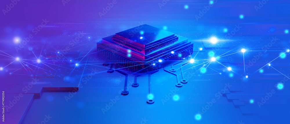 microchip brain neural of AI robot for high technology network, quantum computer processing, 3d ...