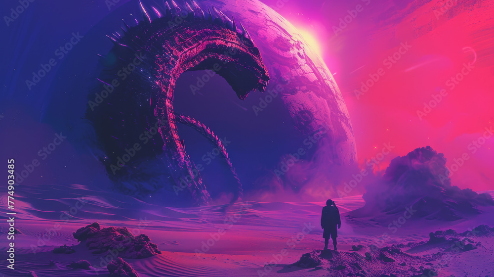 Giant sand worm in the desert in neon colors Stock Illustration | Adobe ...