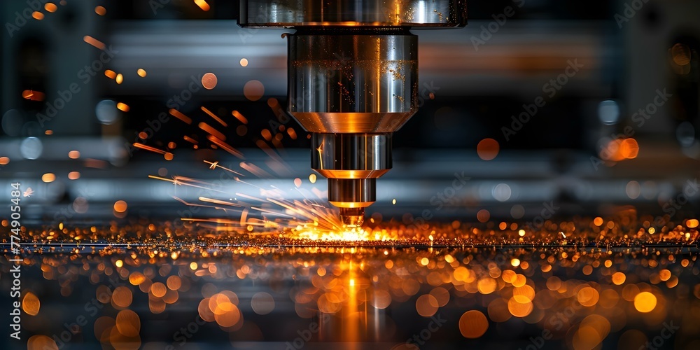 Sparks fly as a CNC milling machine shapes a metal sheet in an ...