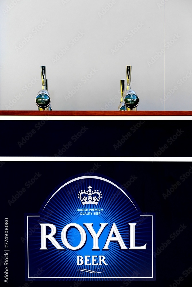 Aarhus, Denmark - October 2, 2014: Royal beer logo on a bar counter ...