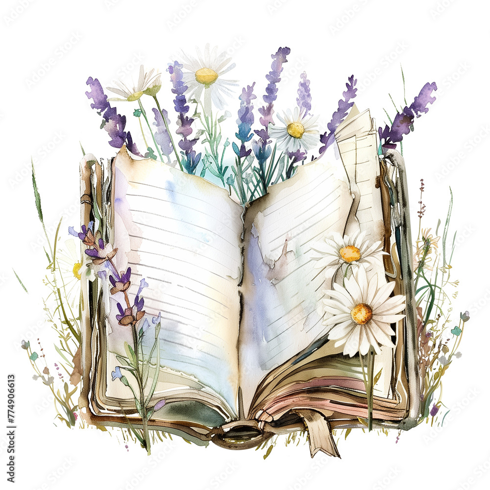 A watercolor-painted notebook, its pages softly curling, set amidst a ...