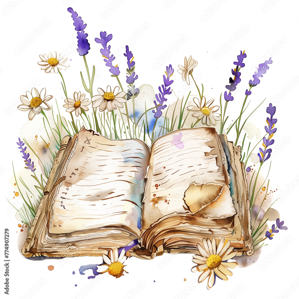 A watercolor-painted notebook, its pages softly curling, set amidst a ...