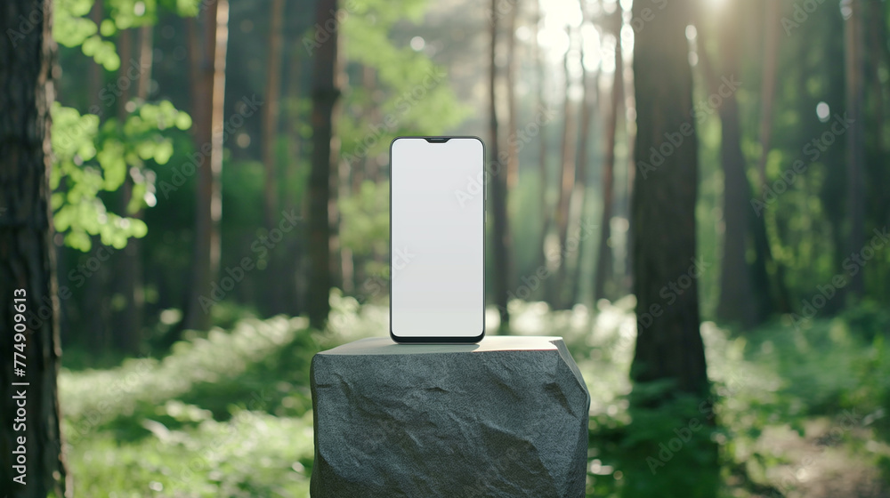 Mockup smartphone with blank screen on podium in green coniferous ...