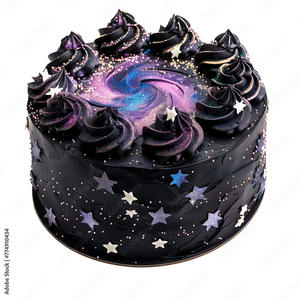 A cosmic galaxy cake, with dark velvet layers infused with shimmering ...