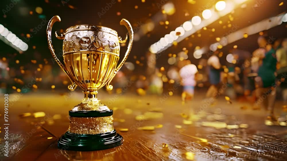 Gold champion trophy, Golden trophy with falling golden confetti ...