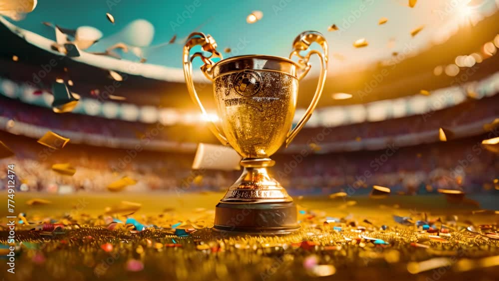 Gold champion trophy, Golden trophy with falling golden confetti ...