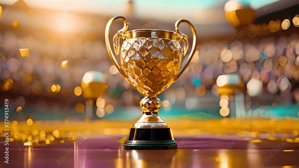 Gold champion trophy, Golden trophy with falling golden confetti ...