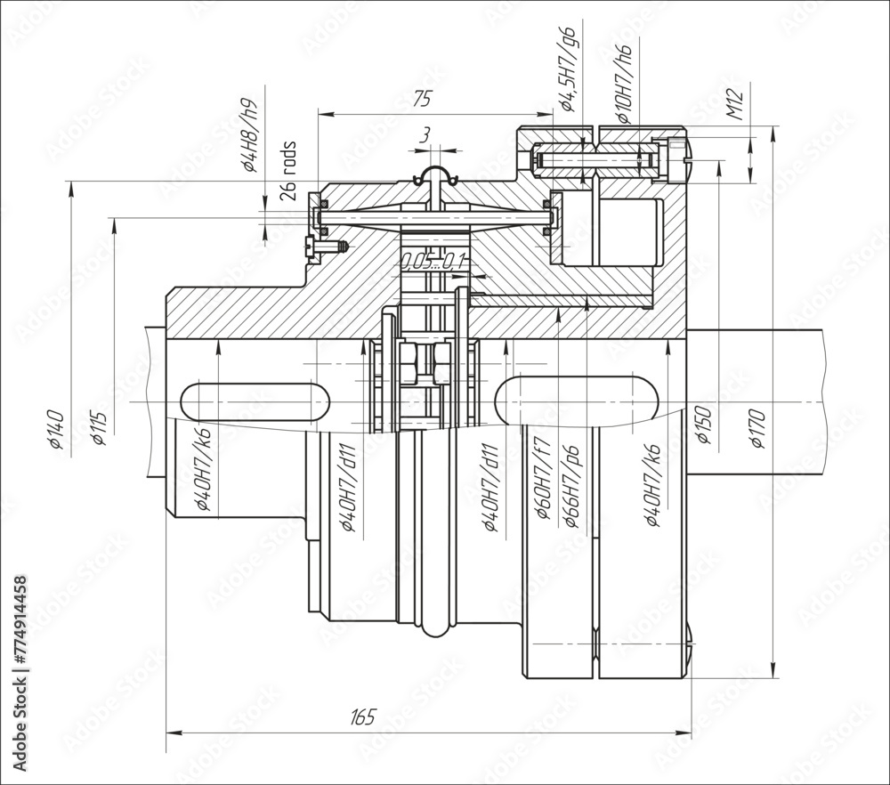 Assembly drawing of drive shaft with coupling. Vector cad scheme of ...
