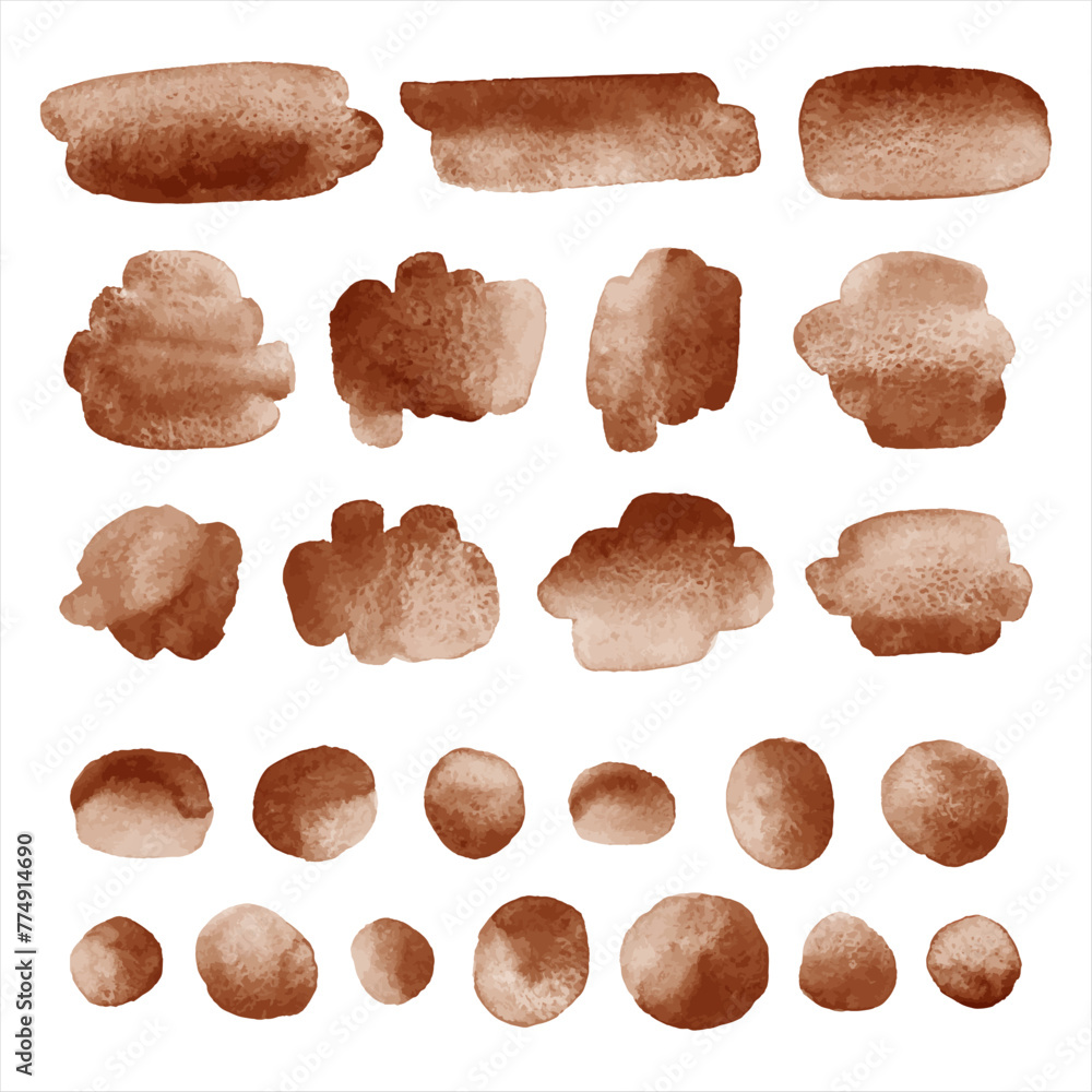 Coffee brown watercolor vector graphic elements set. Aquarelle brush ...