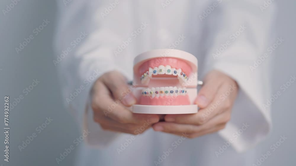 Dentist with Orthodontic tooth model and bracket or brace. Clean and ...