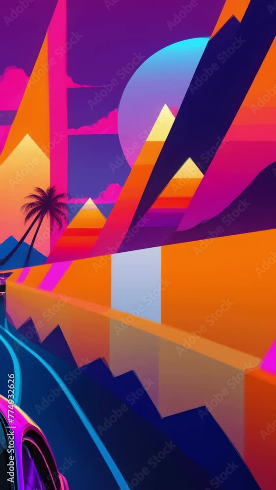 synthwave sunset scenery, a supercar driving down the road on an orange ...