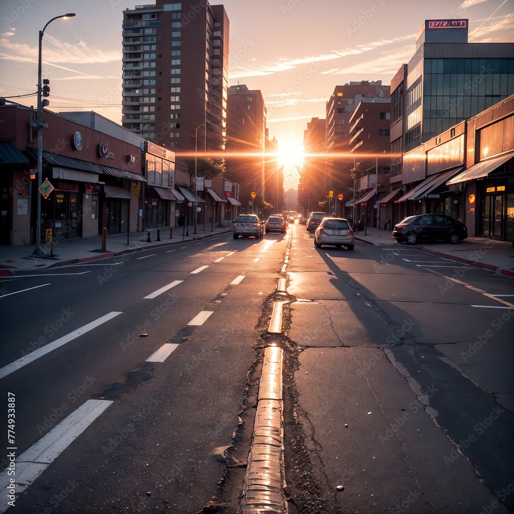 Street with sunset in the background parking, high shutter speed, low ...