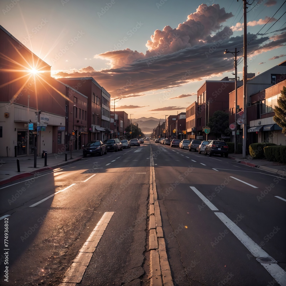 Street with sunset in the background parking, high shutter speed, low ...