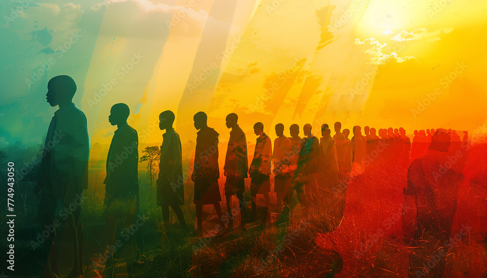 Silhouettes of people walking with colorful, abstract overlay ...