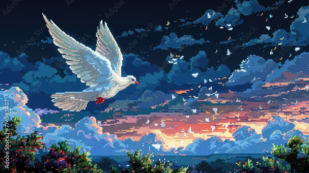 A pixel art illustration of a dove flying over a battlefield, carrying ...