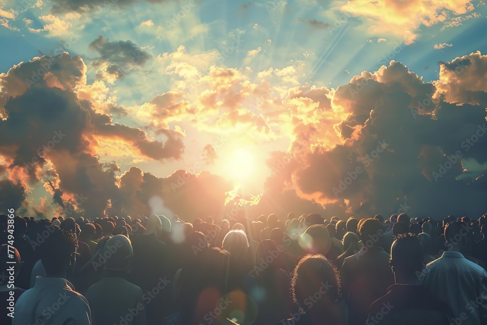 Crowd of faithful followers gazing towards the heavens, awaiting the ...