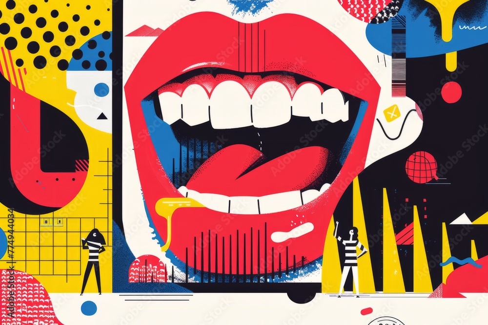 Open mouth with tongue out and teeth in abstract art style. ilustración ...